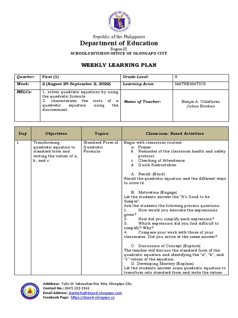 DLL - August 29-September 2, 2022 (Week 2) | PDF | Quadratic Equation ...