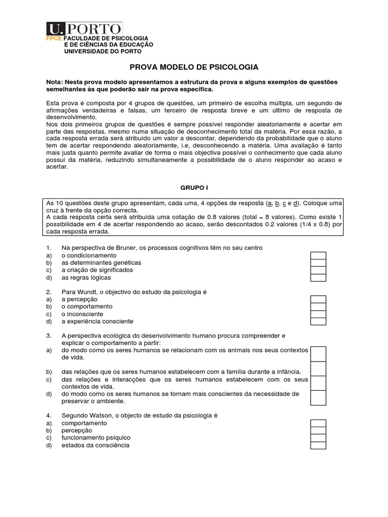 Prova Modelo de Psicologia 07 | PDF | Psicologia | Comportamento