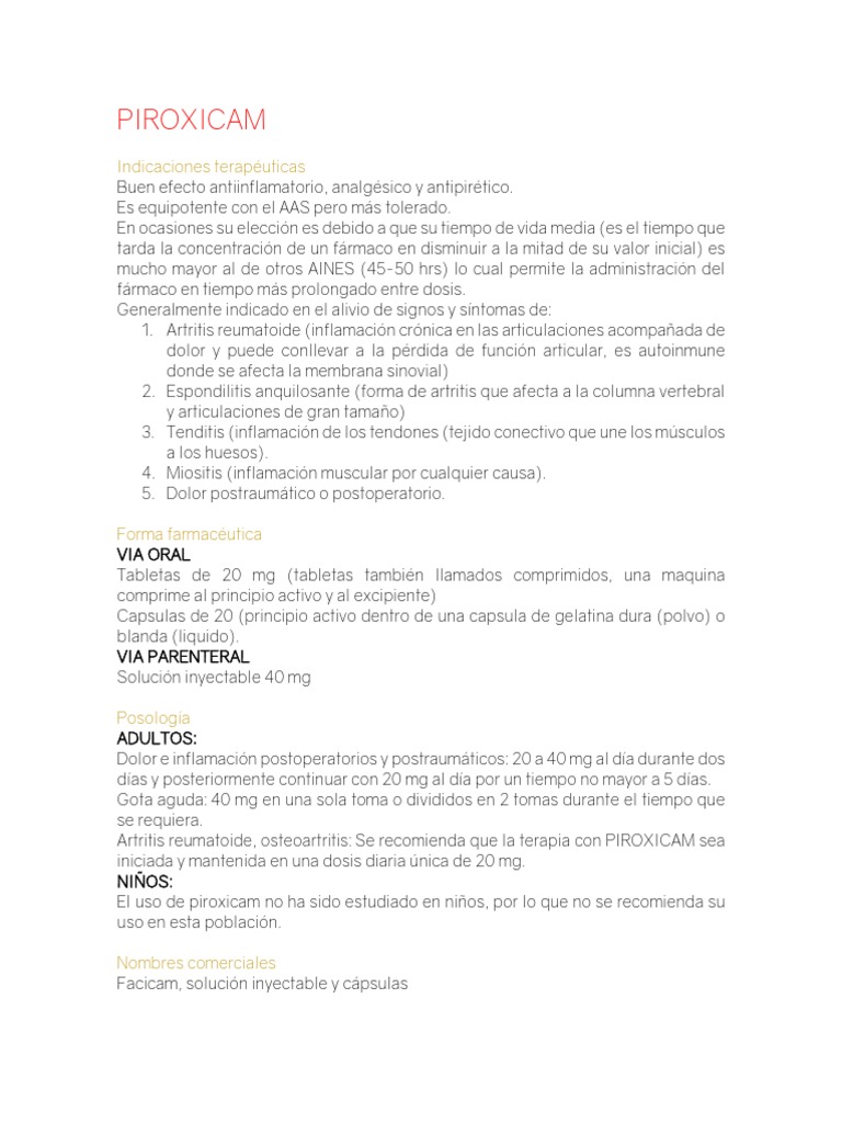 Piroxicam | PDF | Droga anti-inflamatoria libre de esteroides | Medicamentos con receta