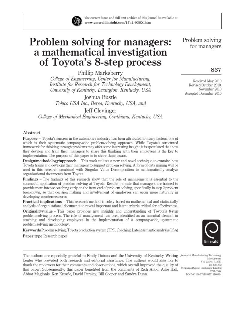 Problem Solving For Managers - A Mathematical Investigation of Toyota's ...