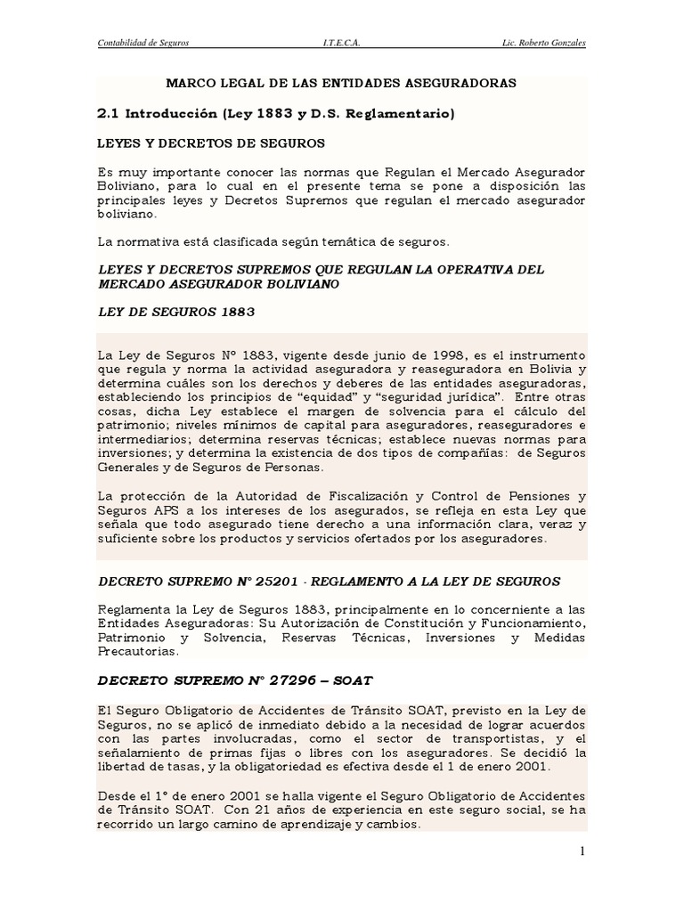 2.1 Introducción (Ley 1883 y D.S. Reglamentario) : Marco Legal de Las Entidades Aseguradoras | PDF
