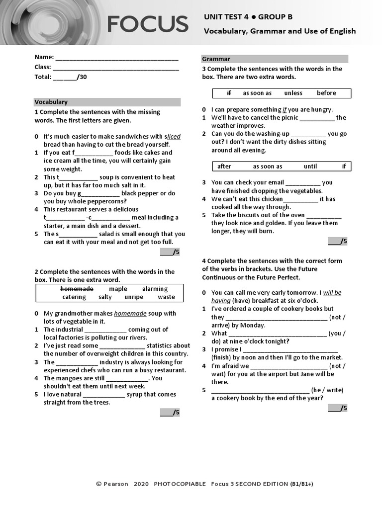 Focus3 2E Unit Test Vocabulary Grammar UoE Unit4 GroupB | PDF | Meal ...