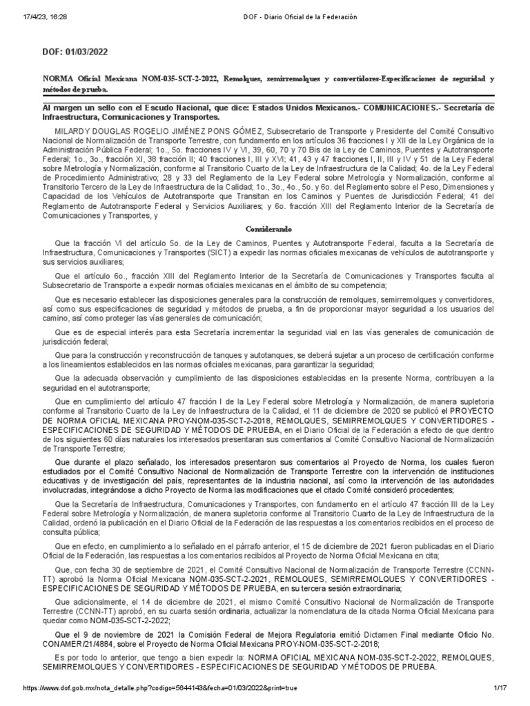 Norma NOM-035-SCT-2-2022: Seguridad en Remolques | PDF | Eje | Remolque (Vehículo)