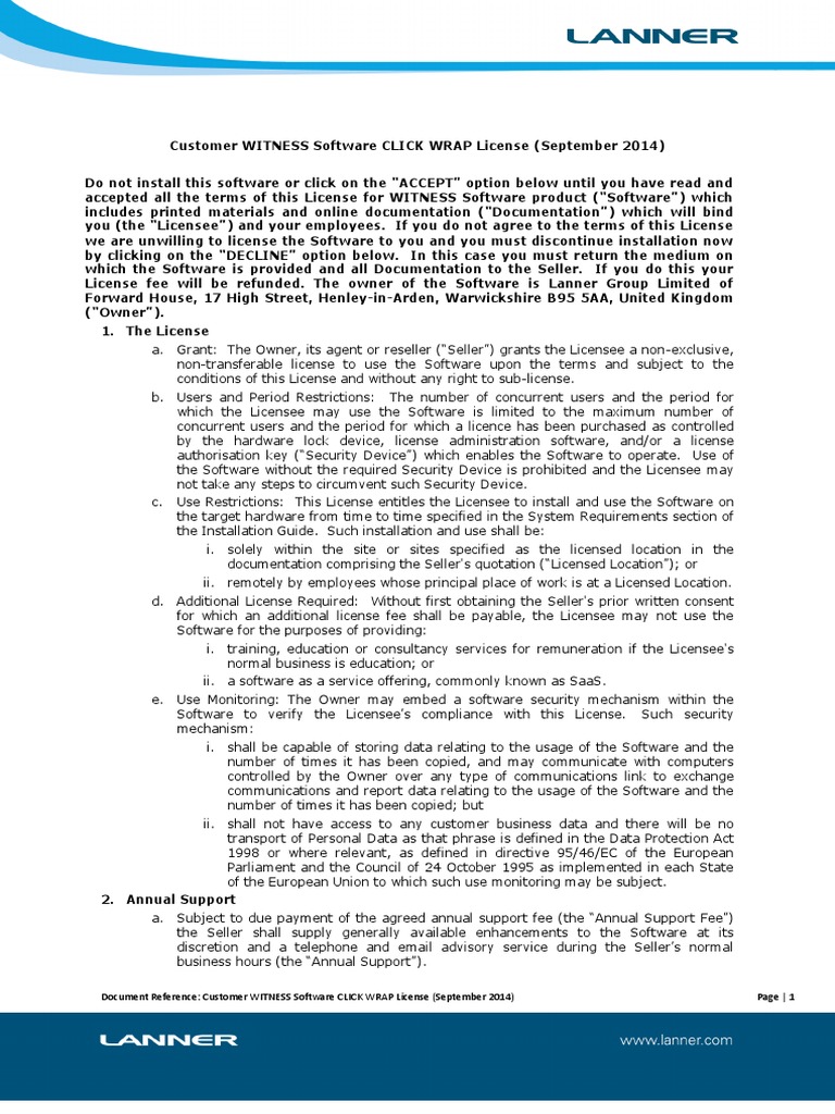 WITNESS Licence Terms | PDF | Legal Liability | License