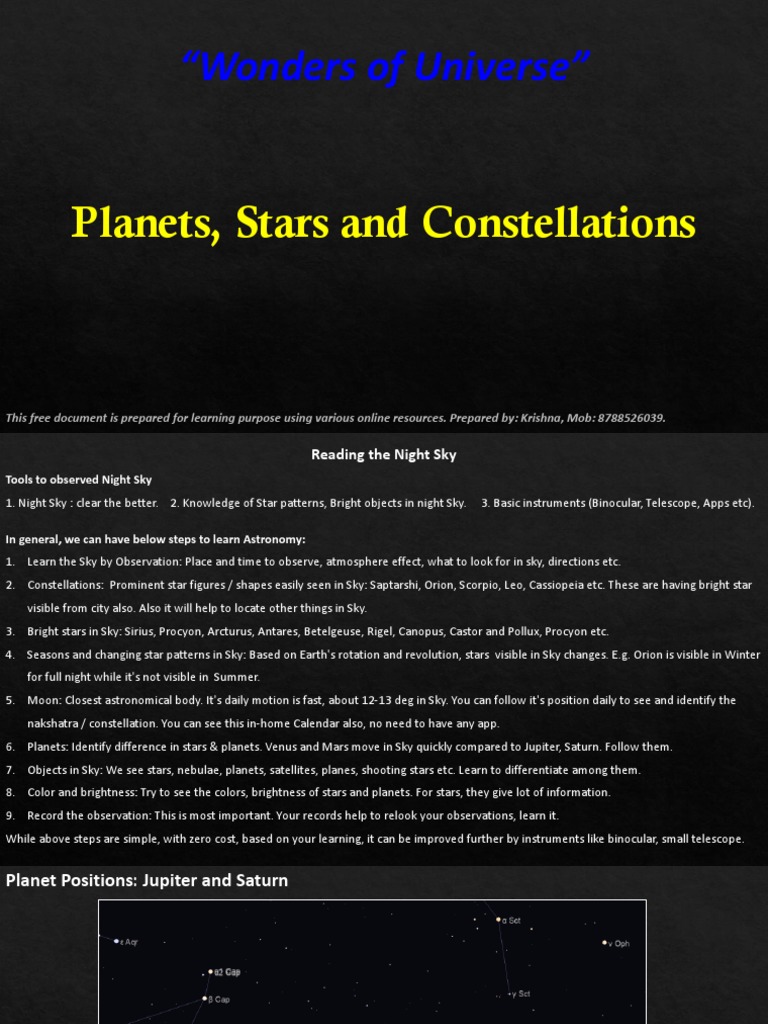 "Wonders of Universe": Planets, Stars and Constellations | PDF | Stars ...