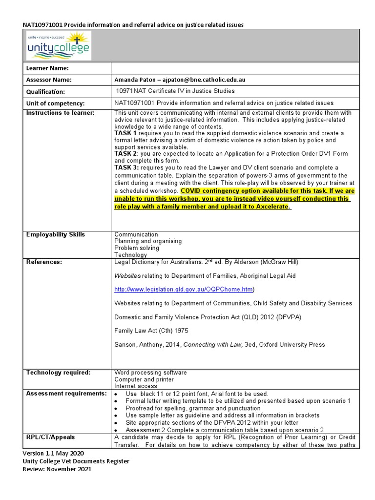 NAT10971001 - Provide Information and Referral Advice - Assessment ...