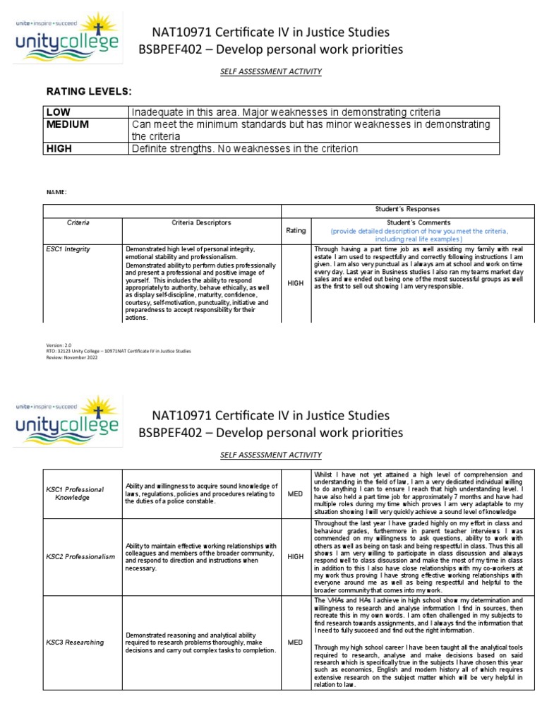 BSBPEF402 - Develop Personal Work Priorities - Sample Self Assessment ...