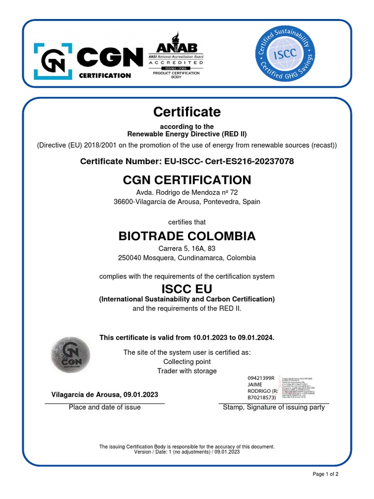 Certificacion ISCC 2023 Biotrade | PDF | Palm Oil | Fat