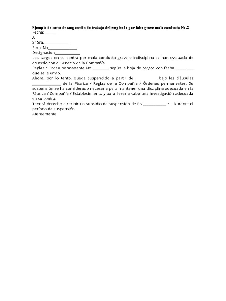 Ejemplo de Carta de Suspensión de Trabajo Del Empleado Por Falta Grave ...