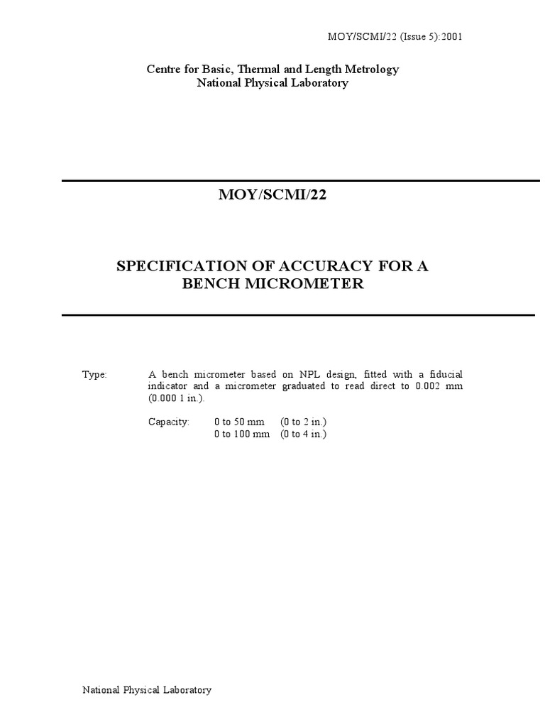 Specification for Accuracy of an NPL-Designed Bench Micrometer | PDF ...