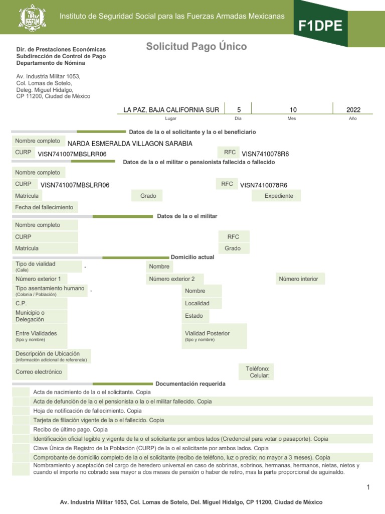 Solicitud Pago Unico Issfam | Descargar gratis PDF | México ...