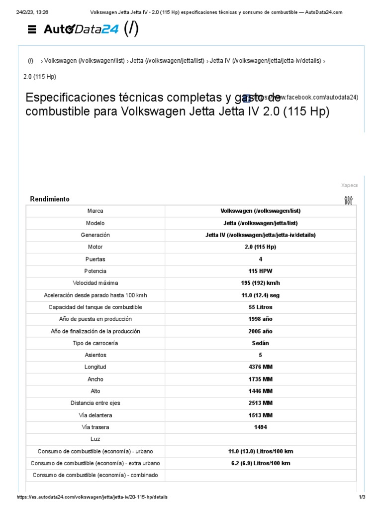 Volkswagen Jetta Jetta IV - 2.0 (115 HP) Especificaciones Técnicas y Consumo de Combustible | PDF