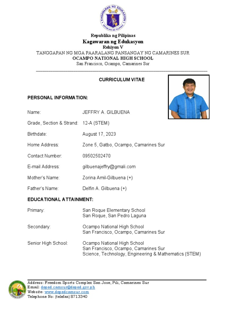 Kagawaran NG Edukasyon: Republika NG Pilipinas Rehiyon V Ocampo ...