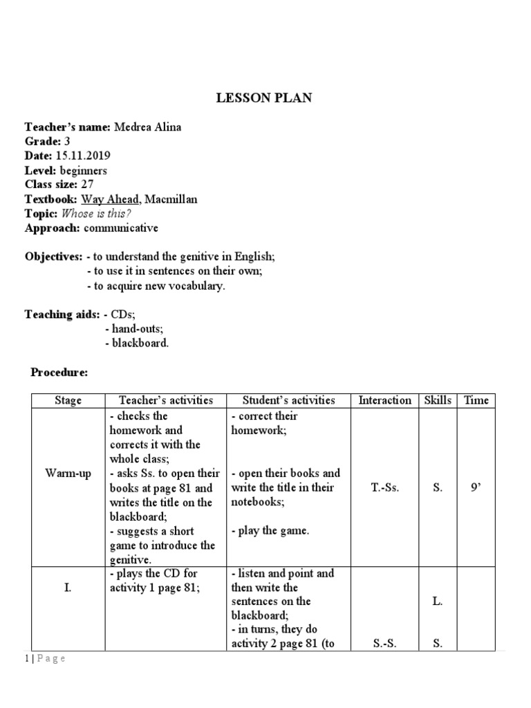 Lesson Plan 3rd Grade The Genitive | PDF | Foreign Language Studies | Art