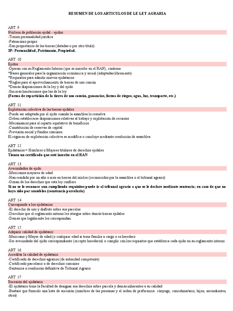 Resumen de Los Articulos de Le Ley Agraria | PDF | Reforma agraria | Ciencias Políticas