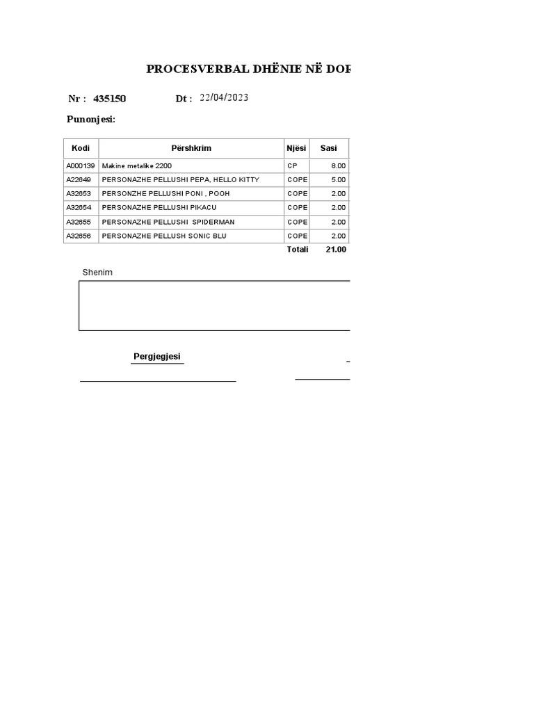 Procesverbal Dhënie Në Dorëzim: NR: 435150 DT: 22/04/2023 Punonjesi | PDF