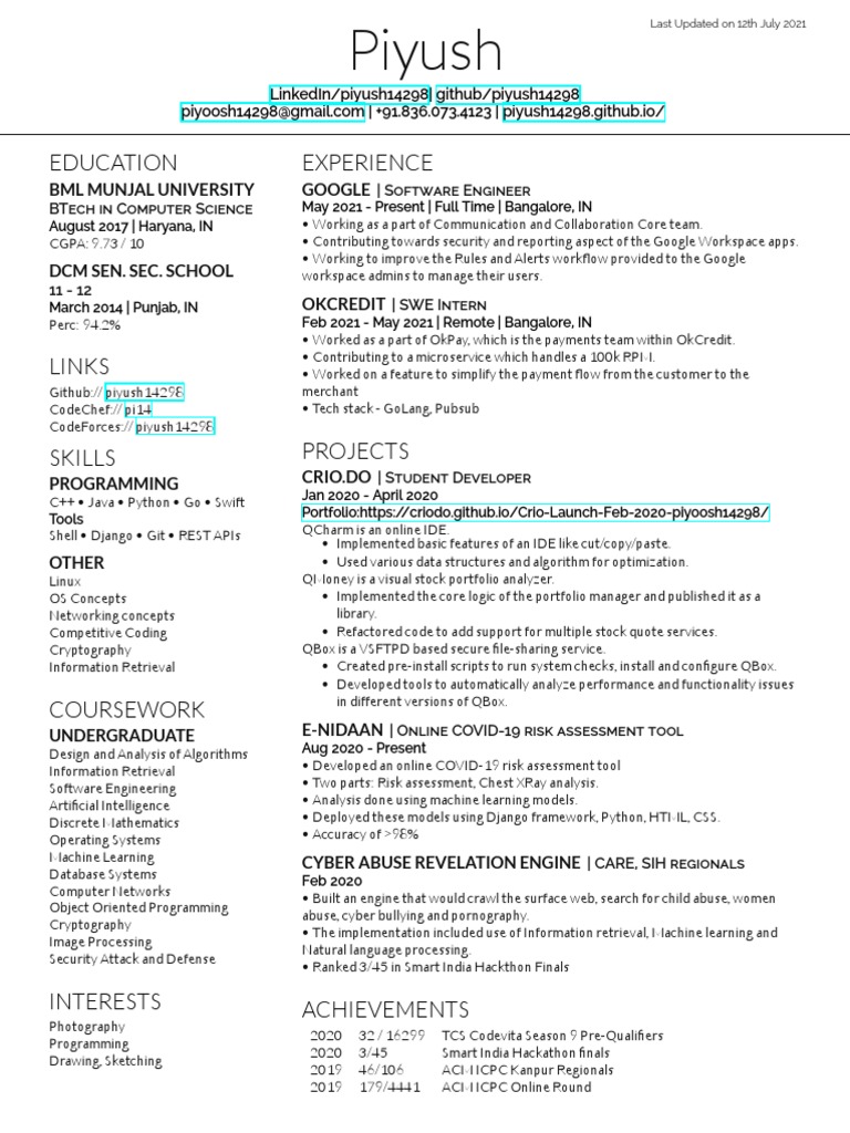 Piyush Resume | PDF | Computer Programming | Machine Learning