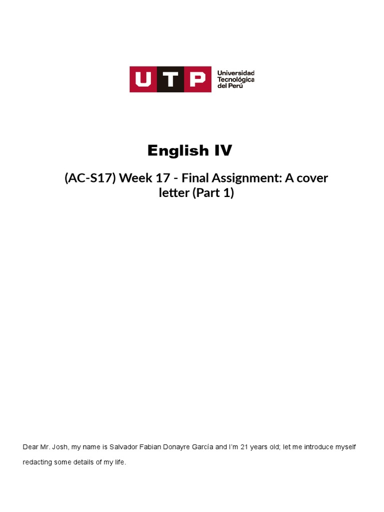 English IV: (AC-S17) Week 17 - Final Assignment: A Cover Letter (Part 1) | PDF