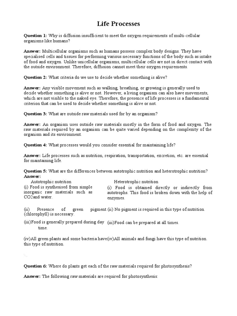 Life Processes - Ncert Solution | PDF