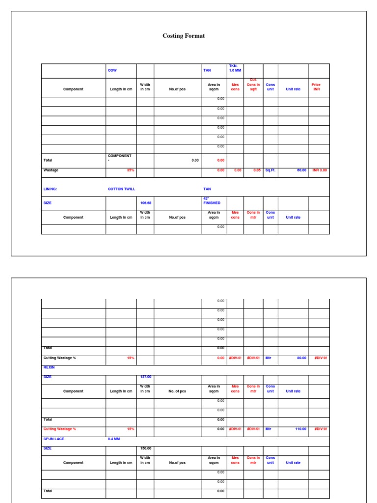 Costing Format for Material Components | PDF