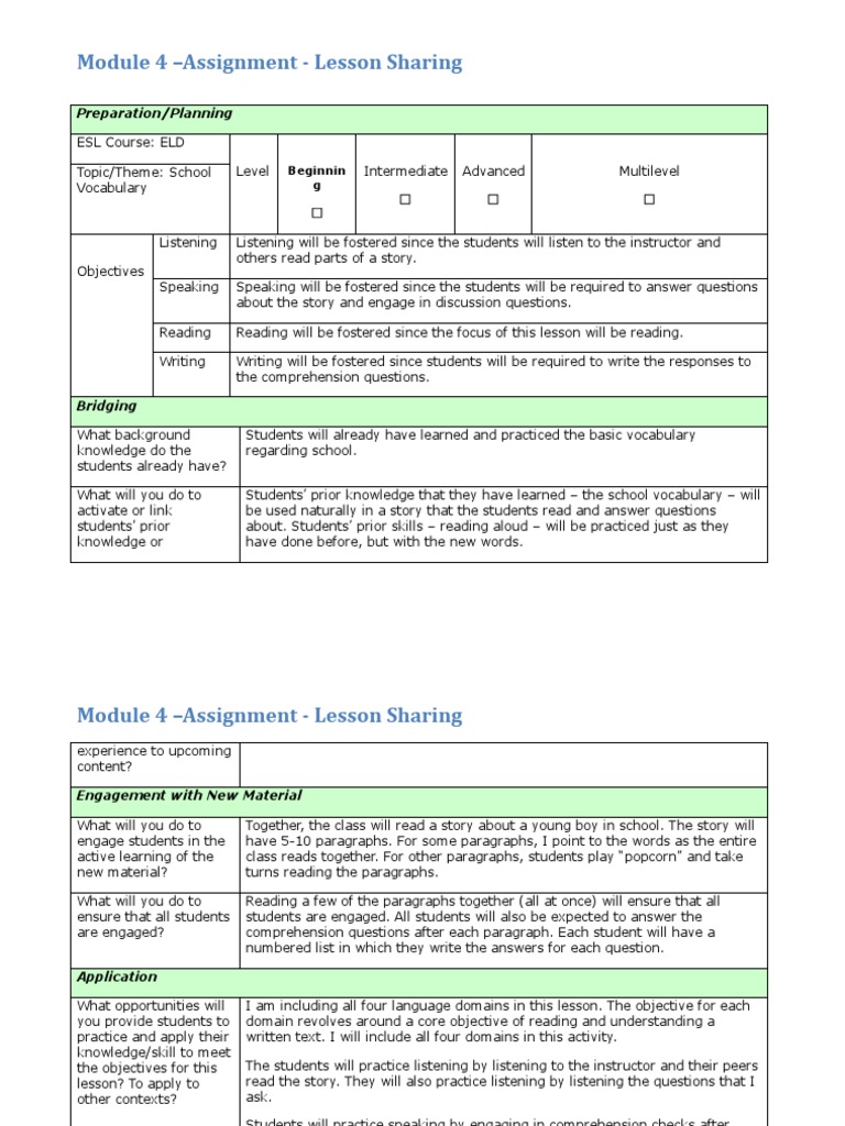 Module 4 - Assignment - Lesson Sharing: Preparation/Planning | PDF | Reading Comprehension ...