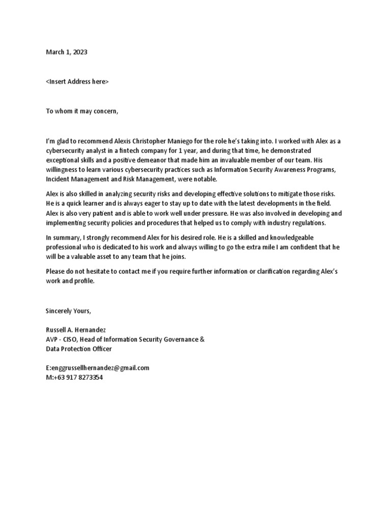 Recommendation for Alex Maniego | PDF