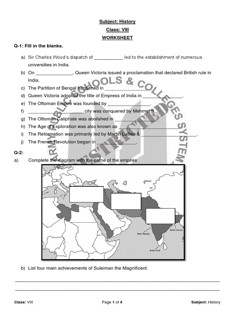 Subject: History Class: VIII Worksheet Q-1: Fill in The Blanks | PDF ...