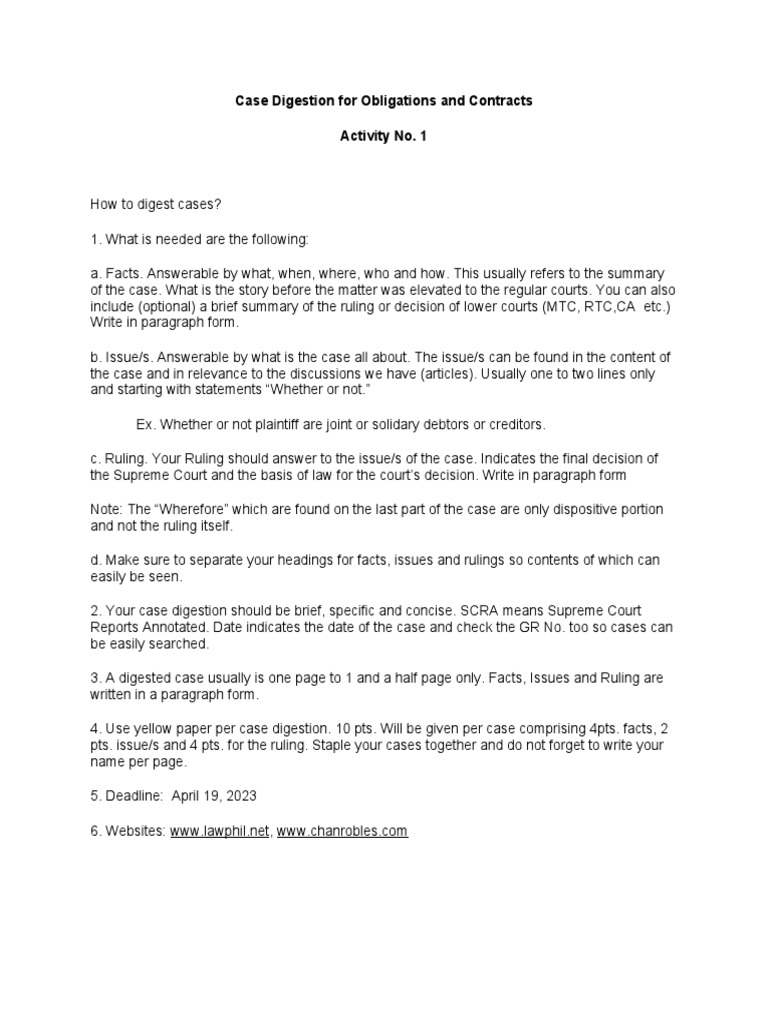 Case Digestion For Obligations and Contracts Activity No. 1 | PDF ...