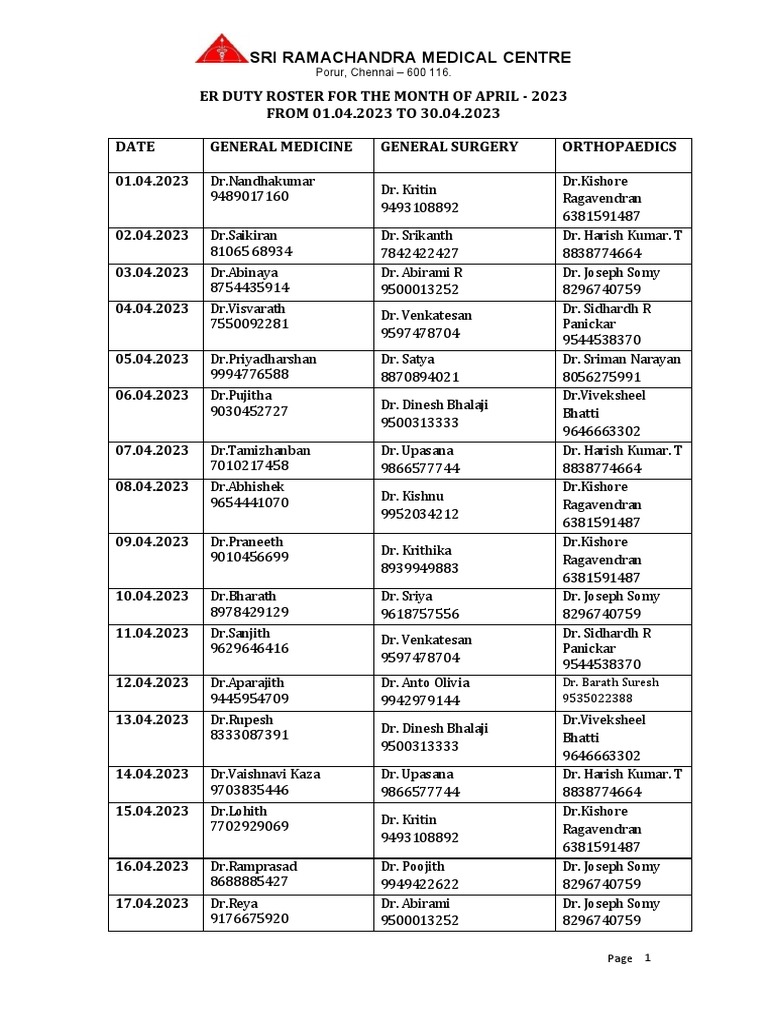 Er Duty Roster For The Month of April - 2023 FROM 01.04.2023 TO 30.04. ...