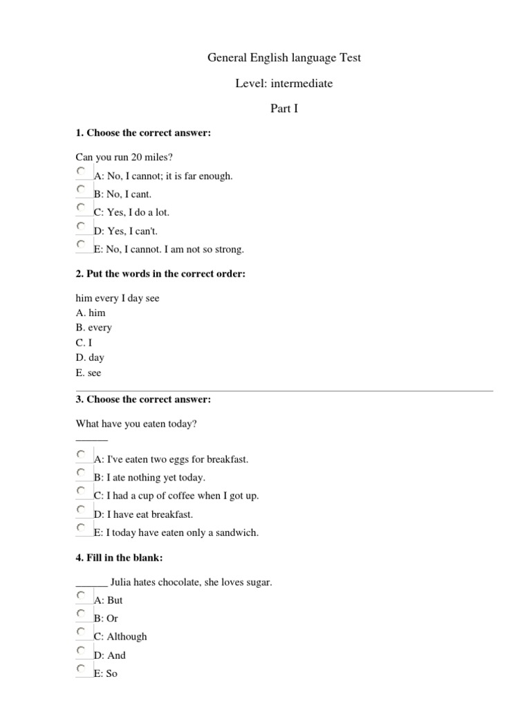 Intermediate General English Test | PDF | Career & Growth | Language ...
