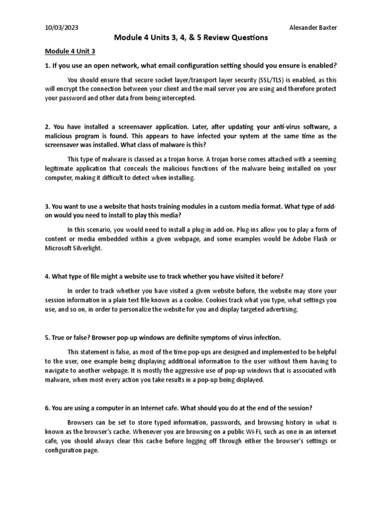 Module 4 Unit 3, 4, & 5 Review Questions | PDF | Malware | Transport Layer Security