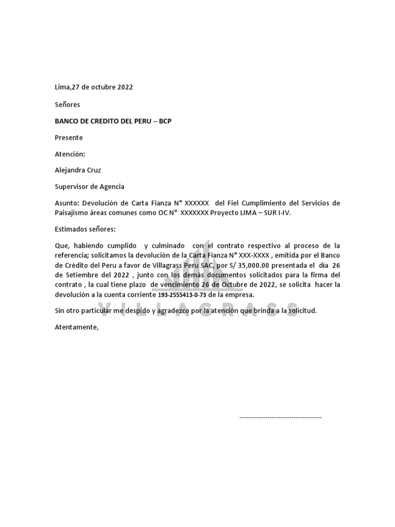 Carta Devolución Carta Fianza - Plantilla | PDF Carta Devolución Carta Fianza - Plantilla | PDF