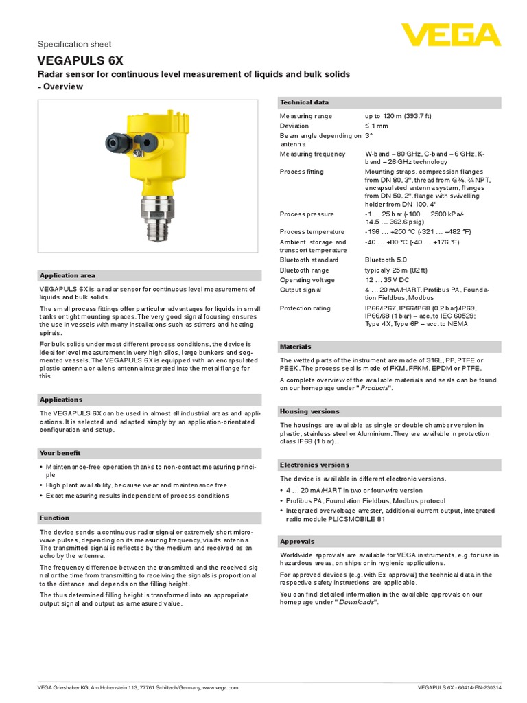 EN Data Sheet VEGAPULS 6X Overview | PDF | Bluetooth | Electricity