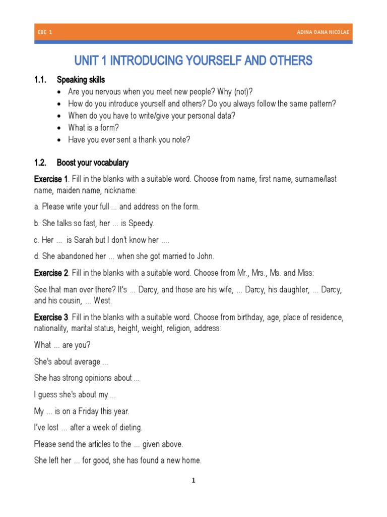 Unit 1 Introducing Yourself and Others: Ebe 1 Adina Oana Nicolae | PDF | Pronoun | Noun