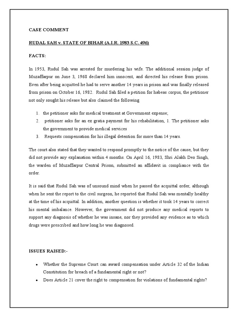 Case Comment On Rudal Sah v. UOI (Vrinda Sarin) | PDF | Damages | Writ