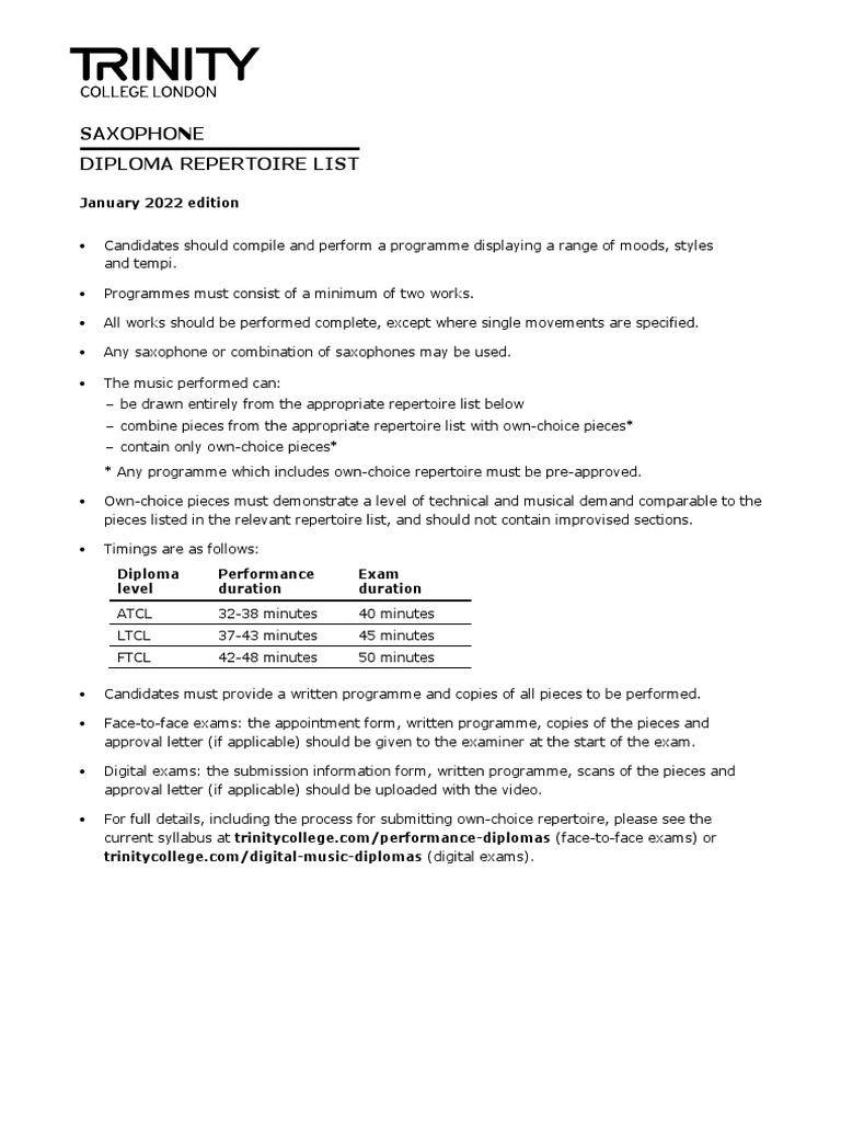 ATCL Saxophone Diploma Repertoire Guide | PDF