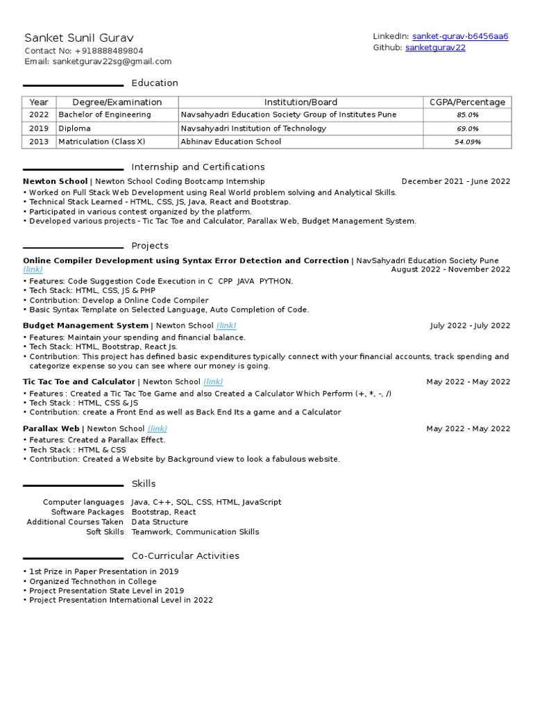Resume-Sanket Sunil Gurav | Download Free PDF | Bootstrap (Front End Framework) | Compiler