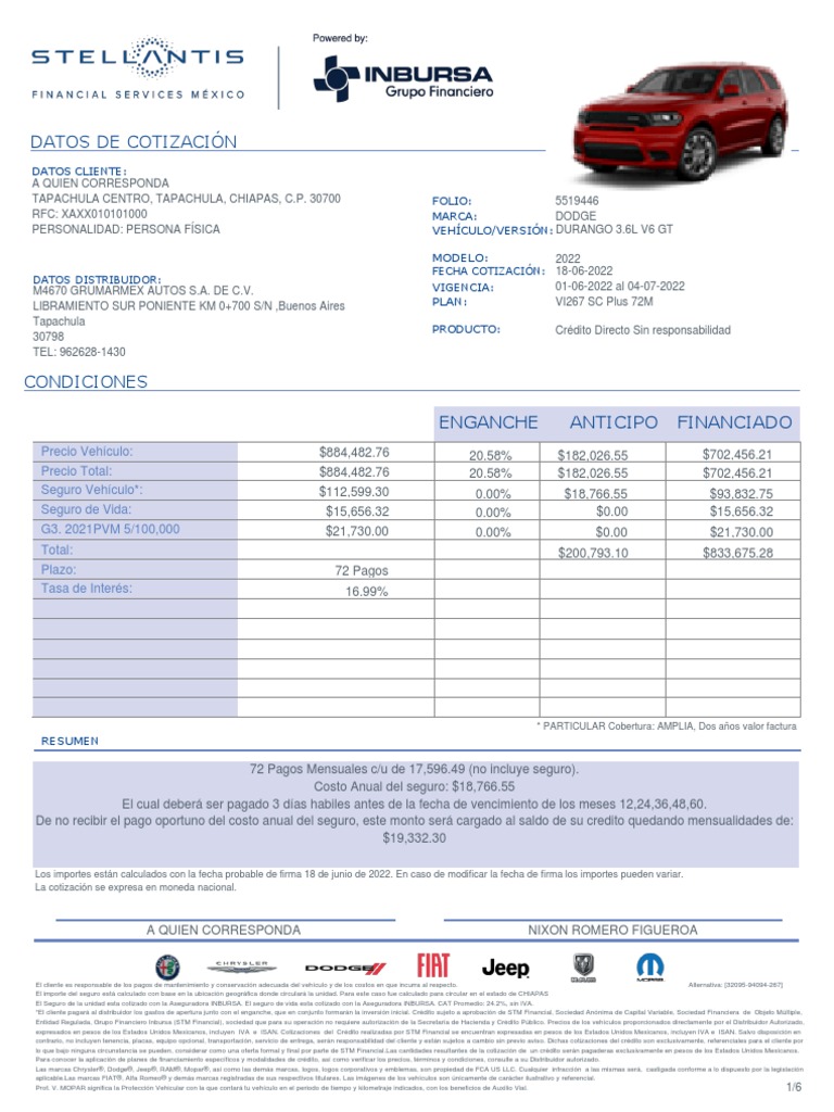 Datos de Cotización: Datos Cliente: Folio: Marca: Vehículo/Versión ...