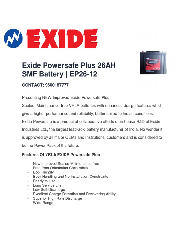 Exide Powersafe Plus 26AH SMF Battery | PDF