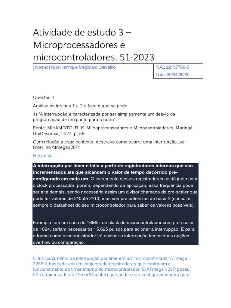 Ativ 3 Microprossessadores e Microcontroladores 51-2023 | PDF | Conversor de analógico para ...