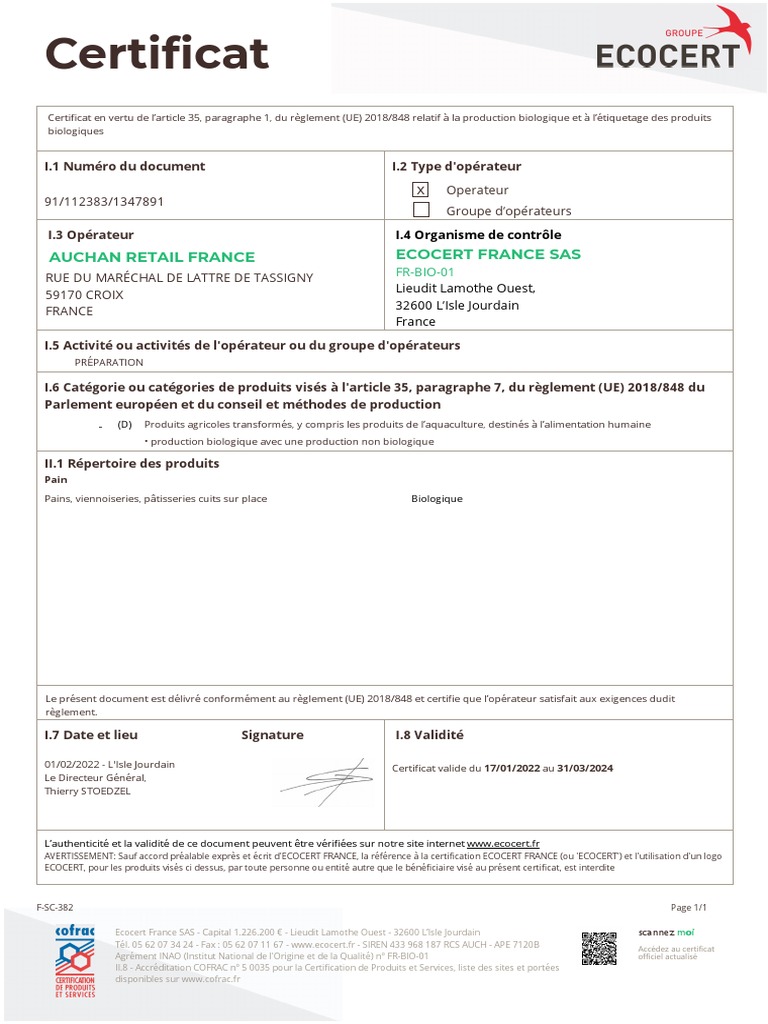 Certificat: Auchan Retail France Ecocert France Sas | PDF