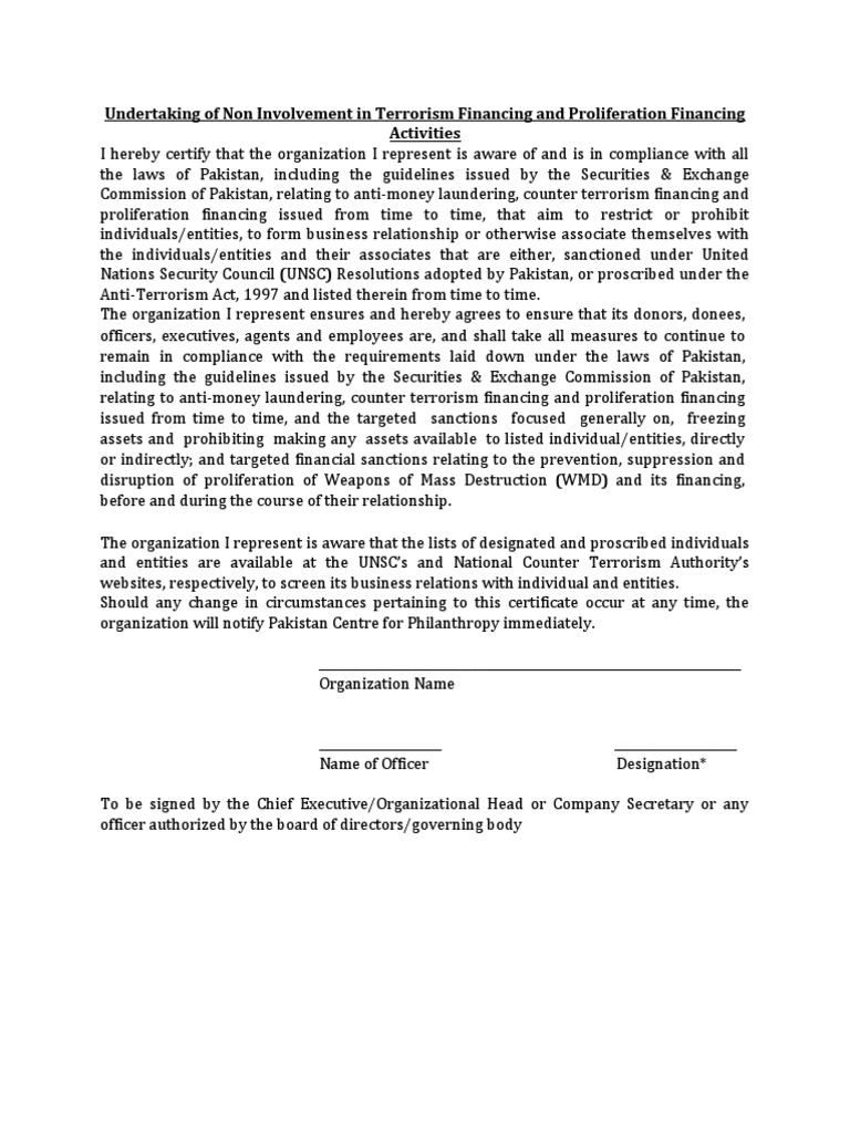 Undertaking of Non Involvement in Terrorism Financing and Proliferation ...