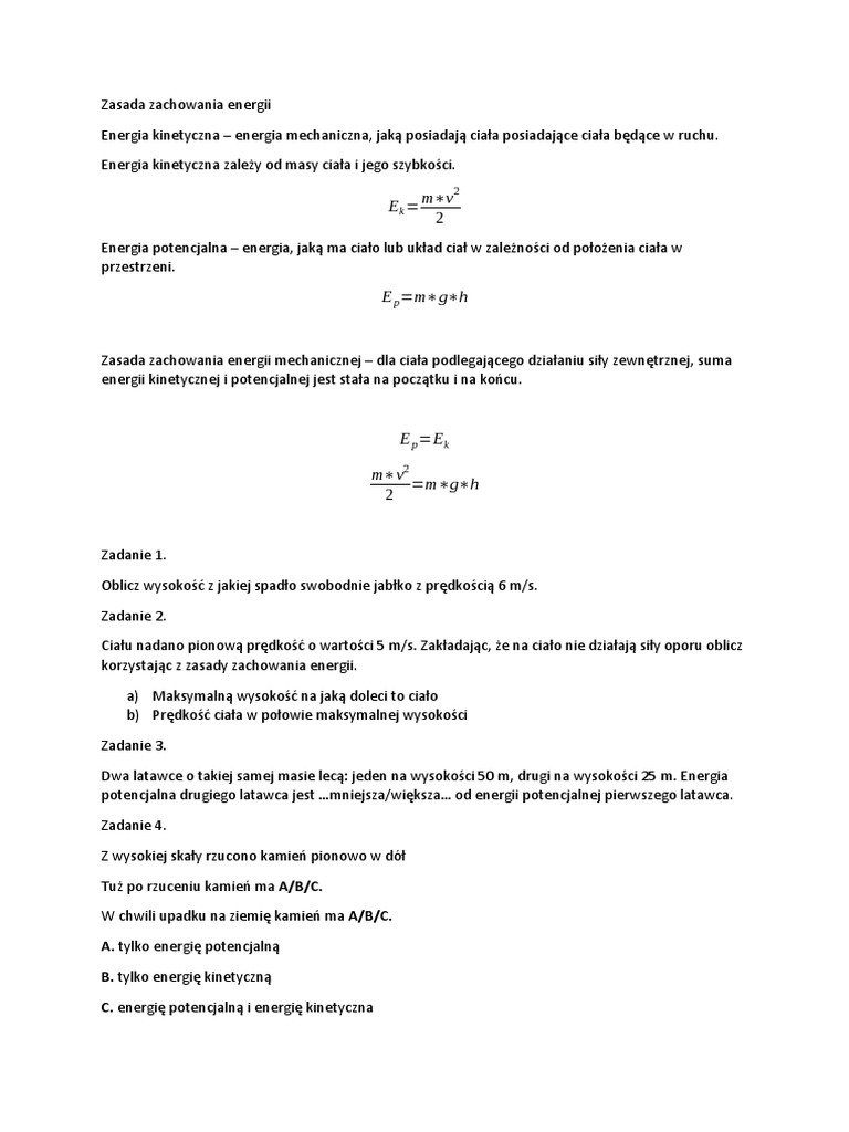 Zasada Zachowania Energii, Praca, Moc - 1 Klasa | PDF