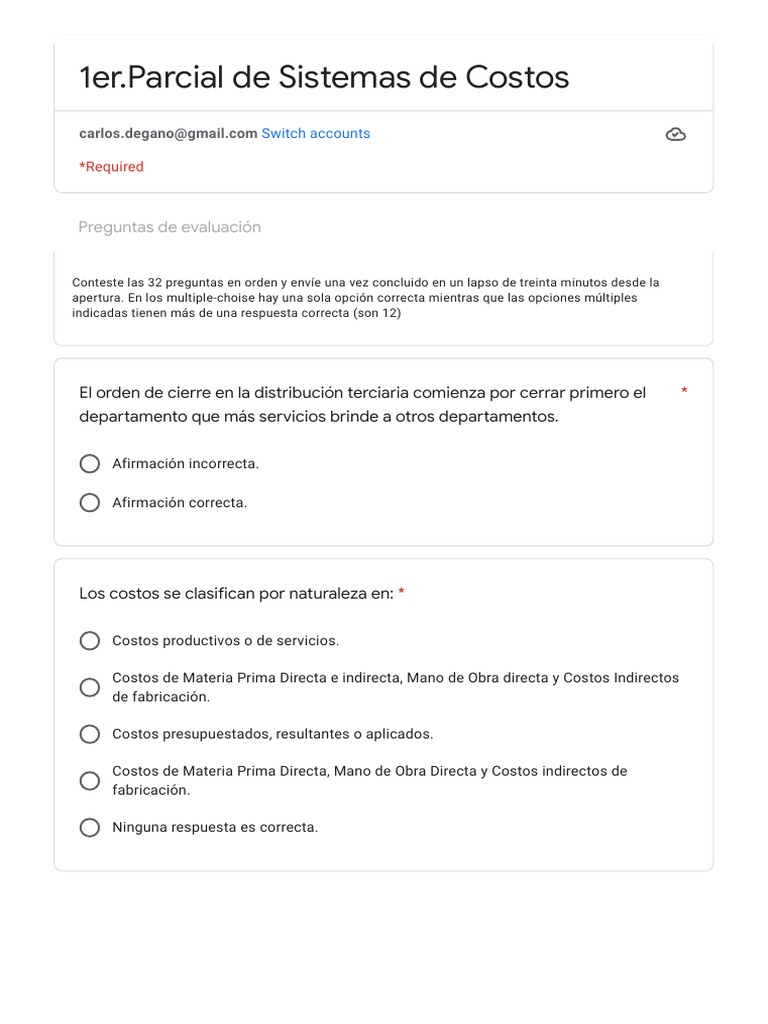 1er - Parcial de Sistemas de Costos: Preguntas de Evaluación | PDF | Costo | Contabilidad