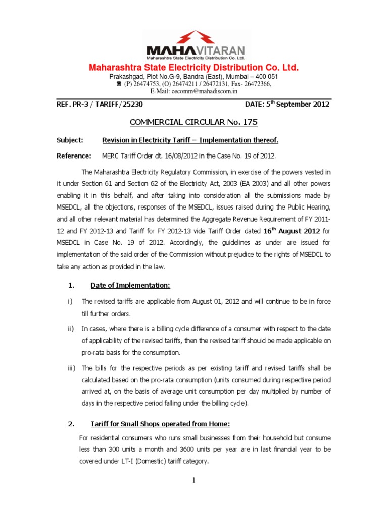 Maharashtra State Electricity Distribution Co. LTD: Commercial Circular ...
