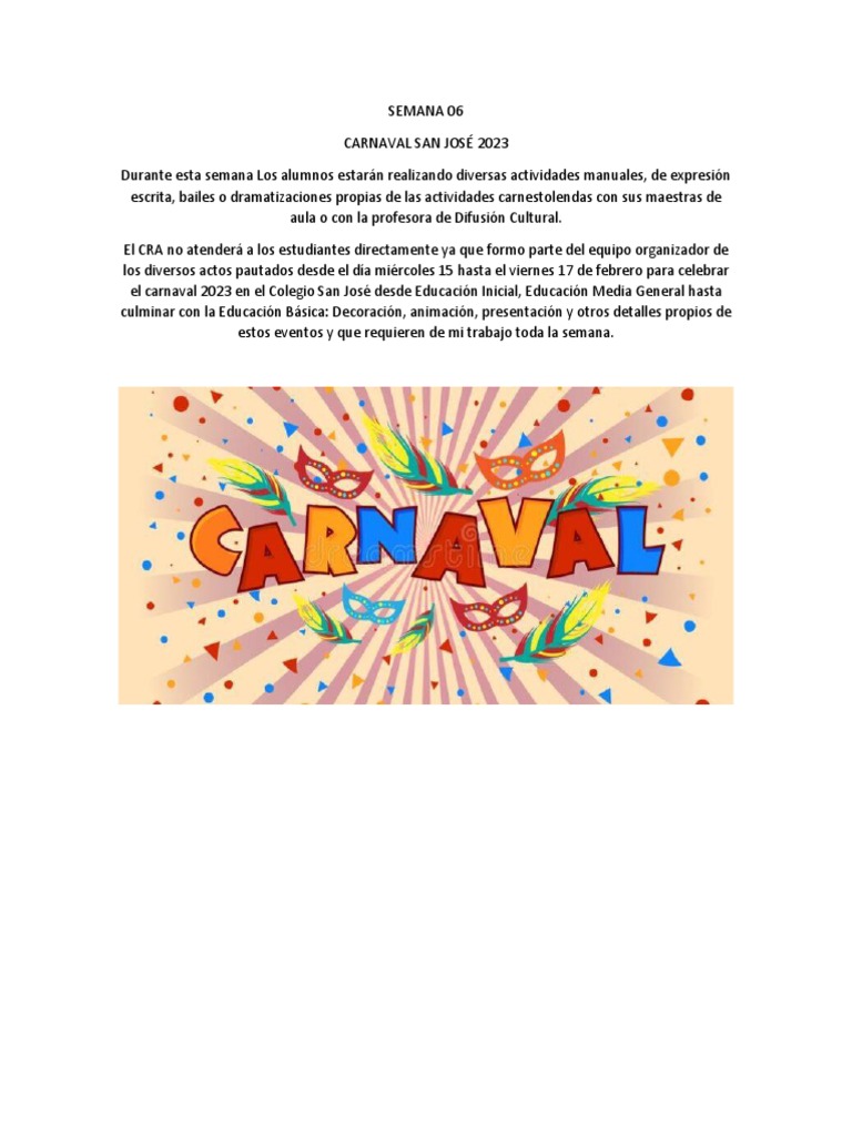 Semana 06 Carnavales 2023 Colegio San José | PDF