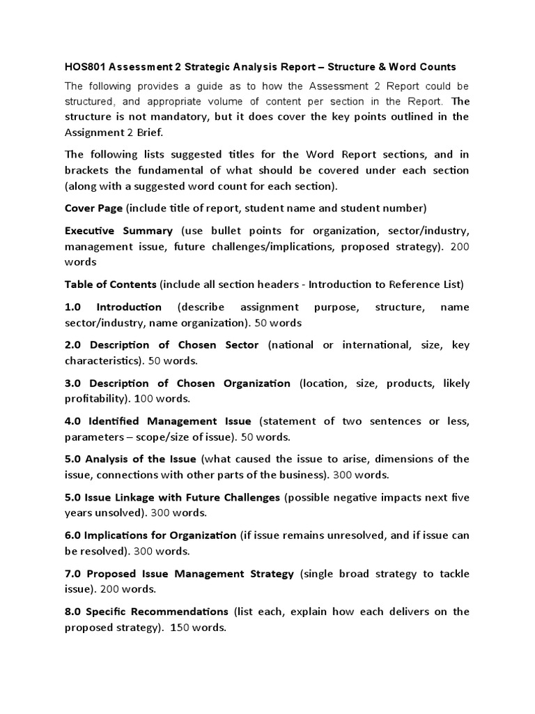 HOS801 Assessment 2 Strategic Analysis Report (Structure Word Counts) | PDF