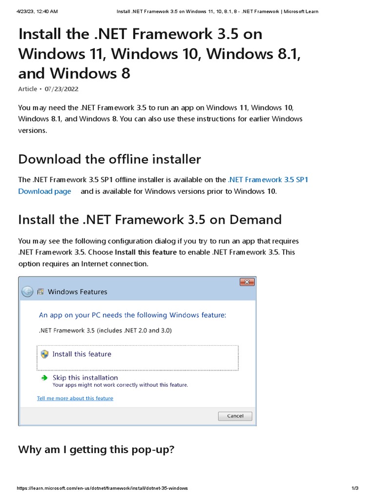 Install .NET Framework 3.5 On Windows 11, 10, 8.1, 8 - .NET Framework - Microsoft Learn | PDF