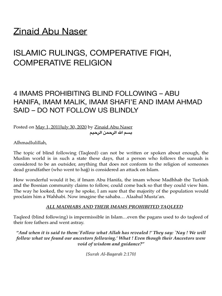4 IMAMS PROHIBITING BLIND FOLLOWING - ABU HANIFA, IMAM MALIK, IMAM ...