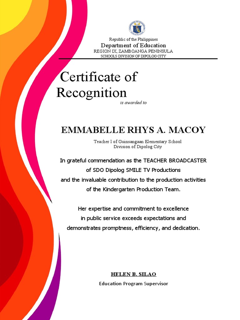Recognition for Emmabelle Rhys A. Macoy | PDF